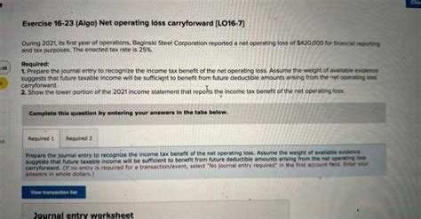 Solved Exercise Algo Net Operating Loss Carryforward Chegg