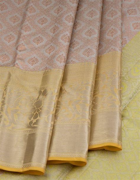Silver And Copper Tissue Saree With Yellow Silver Zari Worked Border