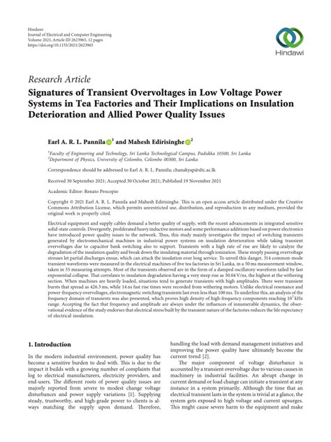 Pdf Signatures Of Transient Overvoltages In Low Voltage Power Systems In Tea Factories And