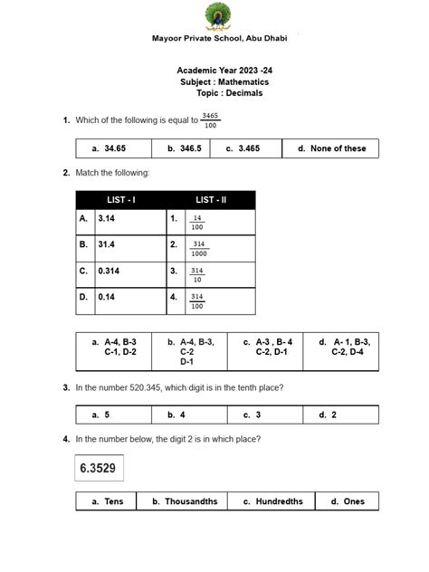 Decimal Practice Worksheet Pdf