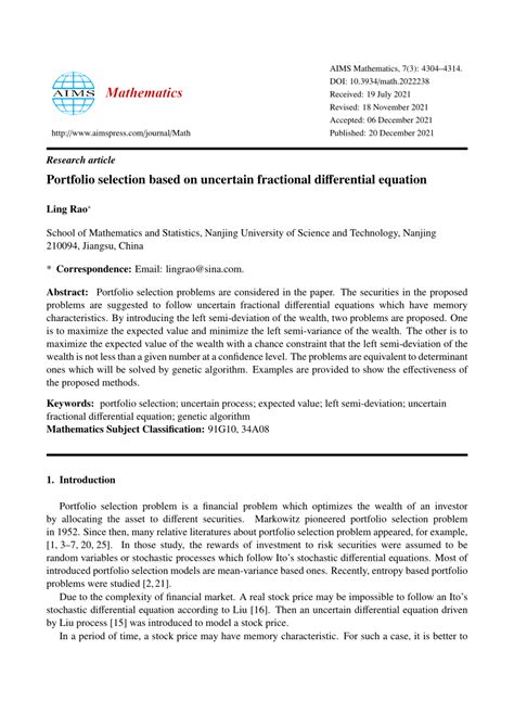Pdf Portfolio Selection Based On Uncertain Fractional Differential