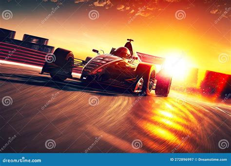 Fast Accelerating Race Car At Formula One Racing Amid Sunset