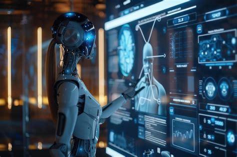 premium photo futuristic robot interacts with digital interface in a