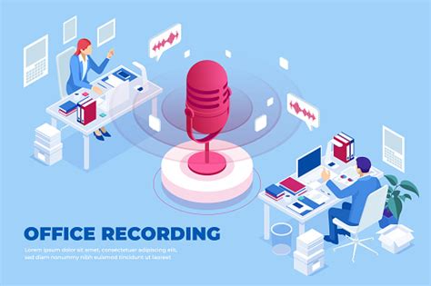 아이소메트릭 오피스 레코딩 및 디지털 음파 컨셉 음악 멜로디 디자인입니다 음파 오디오 음악 음성 메시지 또는 녹음 음성 등측투영법에 대한 스톡 벡터 아트 및 기타 이미지