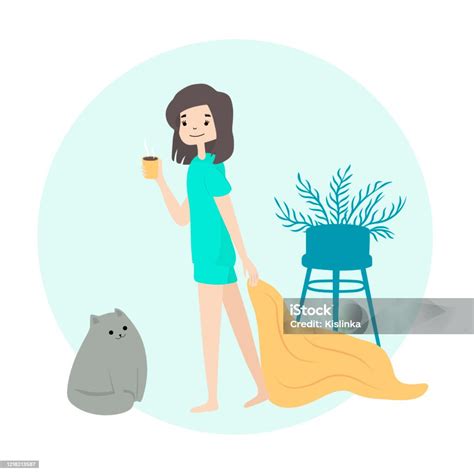 소녀는 천천히 커피를 마십니다 아침 분위기 매일 일상 활동 고양이와 함께하는 삶 벡터 플랫 마실 것에 대한 스톡 벡터 아트 및 기타 이미지 Istock