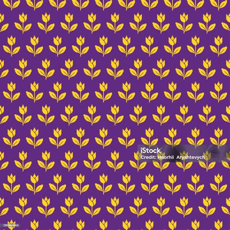 간단한 벡터 픽셀 아트 골든 옐로우와 임페리얼 퍼플 컬러 추상적 인 피는 튤립 꽃의 원활한 패턴 0명에 대한 스톡 벡터 아트 및