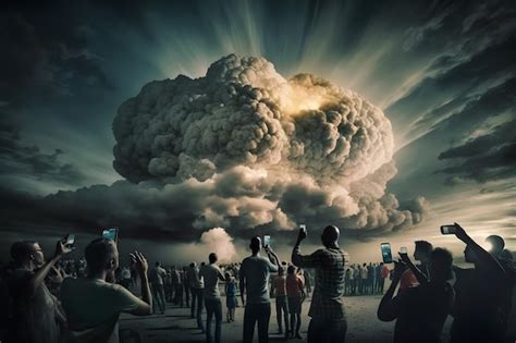 Premium Ai Image Crowd Of People Photographing Mushroom Cloud Neural Network Ai Generated