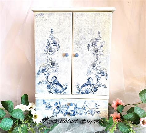 Tall Hard Wood Blue And White Jewelry Box Decoupage Blue Bird And