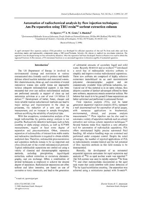 Pdf Automation Of Radiochemical Analysis By Flow Injection Techniques Am Pu Separation Using