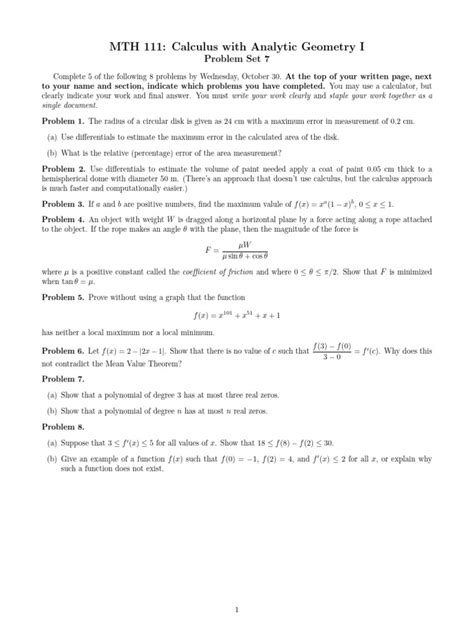 Problem Set 7 Pdf Differential Calculus Polynomial