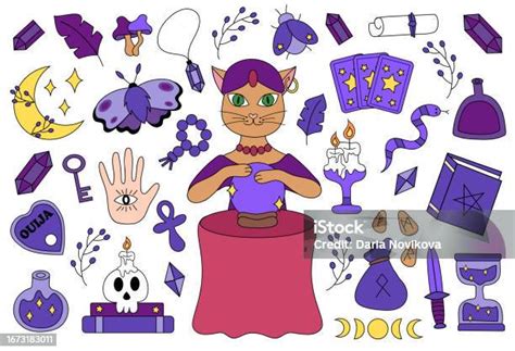 마술과 난해한 세트 고양이 점쟁이 미래를 읽다 마법의 공 Ank 나방 카드 타로 뱀 양초 두개골 물약 병 Ouija 룬 크리스탈 모래 시계 벡터 플랫 그림입니다 개체 그룹에