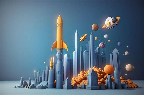 Premium Ai Image 3d Render Business Graph Bar Chart With Flying Space Rocket Concept Space For