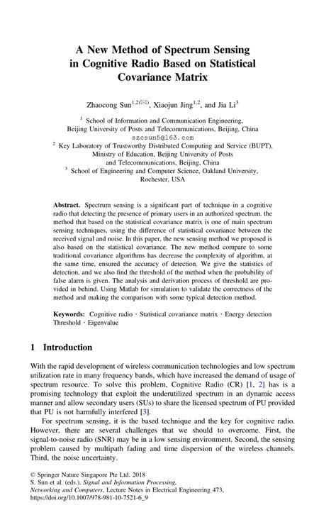 Pdf A New Method Of Spectrum Sensing In Cognitive Radio Based On Statistical Covariance Matrix