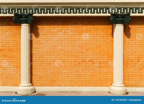 Outdoor Classical Retro Vintage Columns With Brick Wall Texture Stock