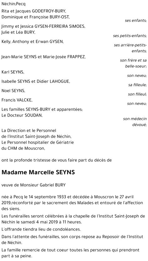 Avis De Décès De Marcelle Seyns Décédé Le 27 04 2019 à Mouscron