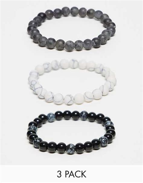 Asos Design 3 Pack Beaded Bracelet Set In Monochrome Tones Asos
