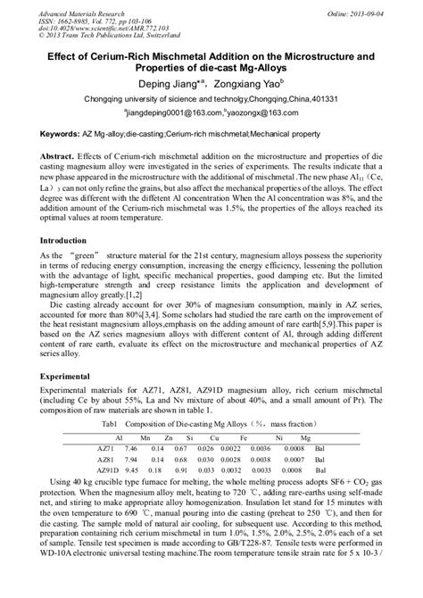 Effect Of Cerium Rich Mischmetal Addition On The Microstructure And Properties Of Die Cast Mg