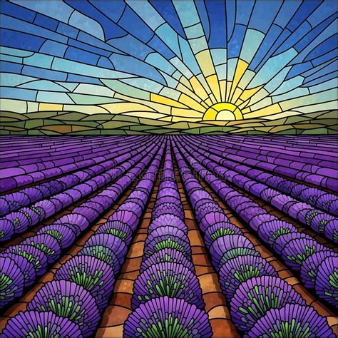 Stained Glass Lavender Field At Sunset Stock Illustration