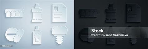 구강 세척 플라스틱 병 치과 카드 의약품 알약 또는 태블릿 치과 임플란트 및 틀니 모델 아이콘이있는 클립 보드를 설정합니다 벡터 3차원 형태에 대한 스톡 벡터 아트 및 기타