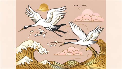 Two Stylized Cranes In Flight Characterized By White Bodies Bl Stock
