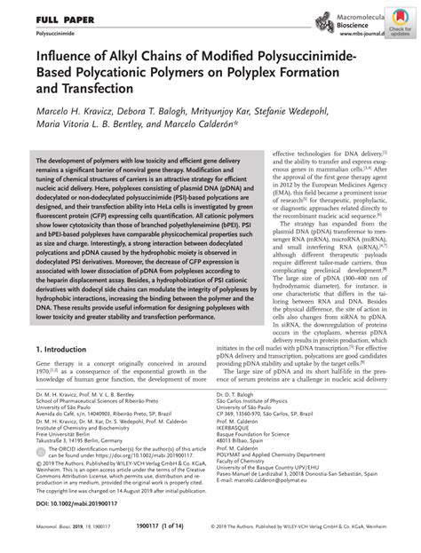 Pdf Influence Of Alkyl Chains Of Modified Polysuccinimide‐based Polycationic Polymers On