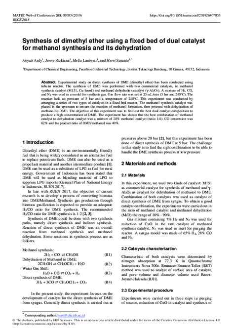 Pdf Synthesis Of Dimethyl Ether Using A Fixed Bed Of Dual Catalyst For Methanol Synthesis And