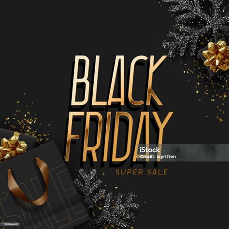 블랙 프라이데이 세일 손잡이가 달린 사실적인 쇼핑백 블랙 기프트 박스 골드 푹신한 활 광고 및 브랜딩을 위한 포스터 배너 뚜껑과