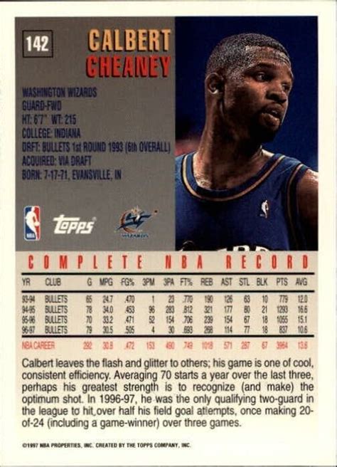 1997 98 Topps Washington Wizards Basketball Card 142 Calbert Cheaney