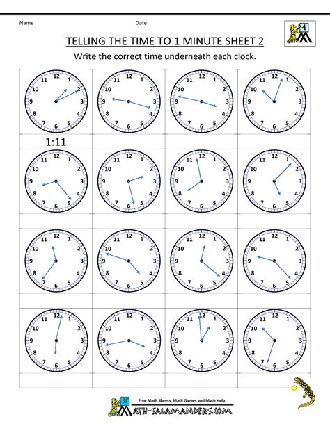 Free Time Worksheets Telling The Time To 1 Min 2 Clock Worksheets