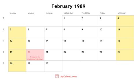 February 1989 Calendar With Holidays Monthly Printable Calendar