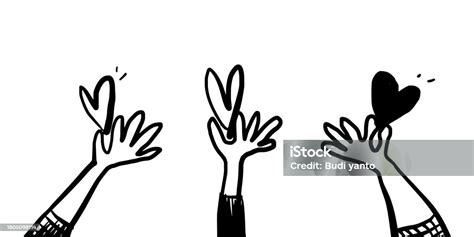 하트를 들고 있는 손의 손으로 그린 것입니다 자선과 기부의 개념 사람들에게 사랑을 주고 나눕니다 낙서 스타일에 손 제스처 벡터 일러스트 레이 션 Charitable