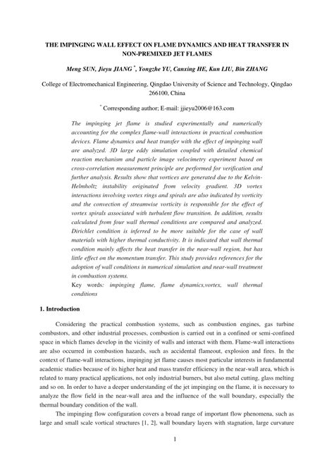 Pdf The Impinging Wall Effect On Flame Dynamics And Heat Transfer In Non Premixed Jet Flames