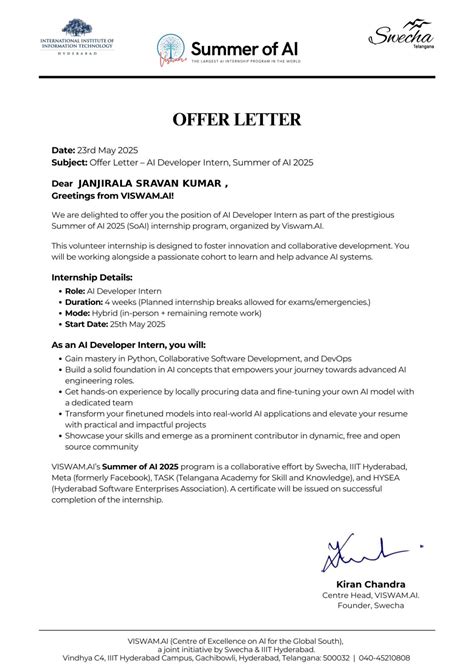 Selected For Summer Of Ai 2025 Internship By Viswamai Sravan Kumar Janjirala Posted On The