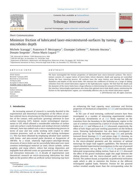 Pdf Minimize Friction Of Lubricated Laser Microtextured Surfaces By Tuning Microholes Depth
