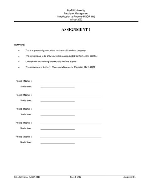 Ass1 Assignment 1 Mcgill University Faculty Of Management