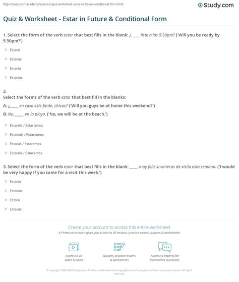 Quiz And Worksheet Estar In Future And Conditional Form