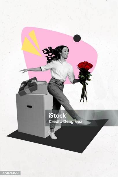 수직 크리 에이 티브 아트 콜라주 행복 소녀 장미 꽃다발 국제 여자 날 인사 선물 상자 그림 배경 절연 통하고 있는 30 34세에 대한 스톡 사진 및 기타 이미지 Istock