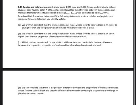Solved 8 23 Gender And Color Preference A Study Asked 1 924 Chegg Com