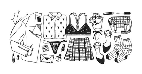 흰색 배경에 고립 된 손으로 그린 패션 일러스트 로맨틱 개체 창조적 인 잉크 예술 작품 휴일 사물의 실제 벡터 그림 해피