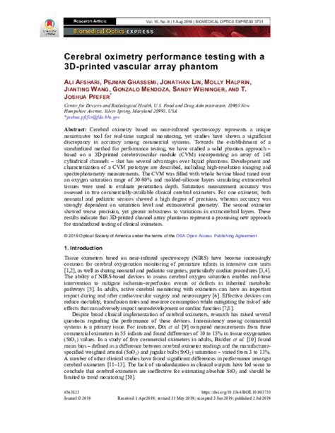 Pdf Cerebral Oximetry Performance Testing With A 3d Printed Vascular Array Phantom