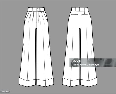 바지 옥스포드 테일러드 테크니컬 패션 일러스트와 통상의 로우 웨스트 라이즈 풀 길이 더블 플리트 포켓 0명에 대한 스톡 벡터