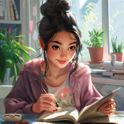 Premium Photo Anime Girl With A Book And A Pencil Writing On A Paper