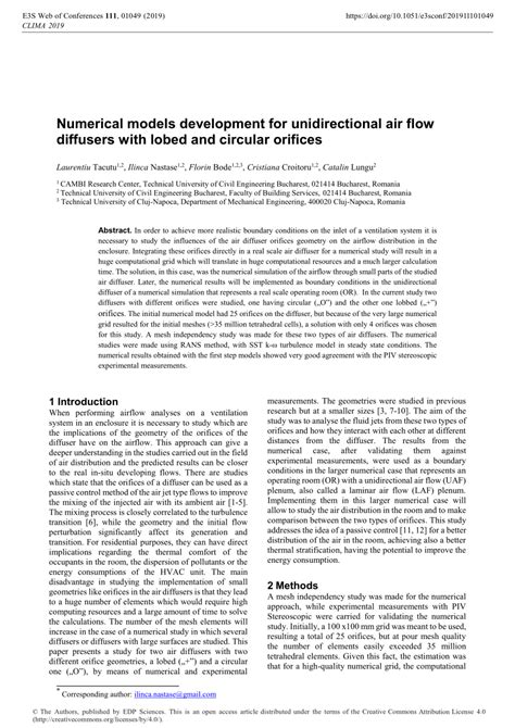 Pdf Numerical Models Development For Unidirectional Air Flow Diffusers With Lobed And Circular