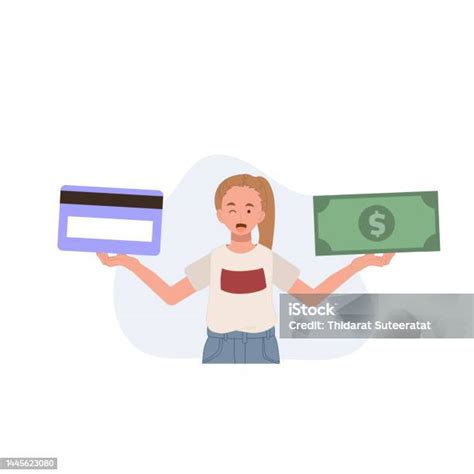 직불 카드 또는 신용 지불 카드와 현금 돈 지폐를 들고 있는 여성 지불 온라인 상점 개념입니다 평면 벡터 만화 캐릭터 그림입니다 개념에 대한 스톡 벡터 아트 및 기타 이미지