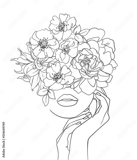 Woman Head With Flowers One Line Drawing Vector Illustration Stock