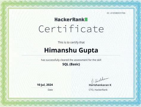 Completed Sql Certification On Hackerrank Himanshu Gupta Posted On
