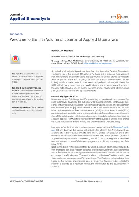 Pdf Welcome To The Fifth Volume Of Journal Of Applied Bioanalysis