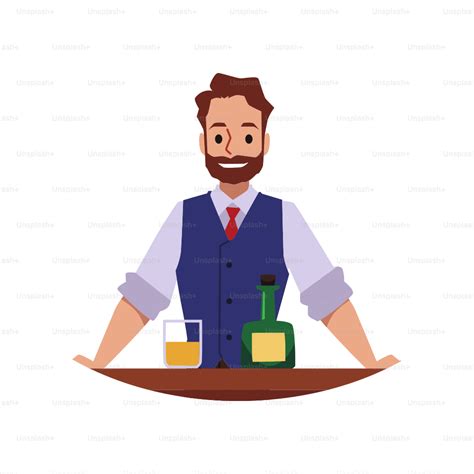 바텐더 또는 바텐더는 바 카운터 뒤에 있는 친절한 남자를 웃고 있으며 흰색 배경에 분리된 평면 벡터 삽화를 가지고 있다 바 설립 엠블럼의 바텐더 캐릭터 사진