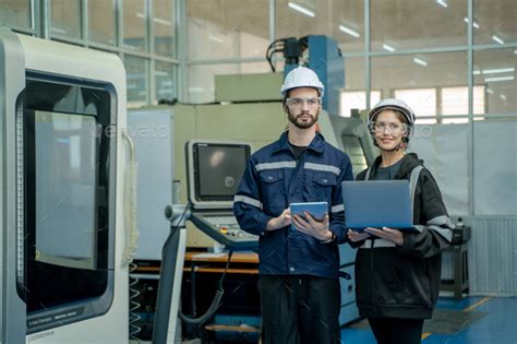 Engineer Using Laptop For Programming Modern Robot Arm In Automated Manufacturing Industry