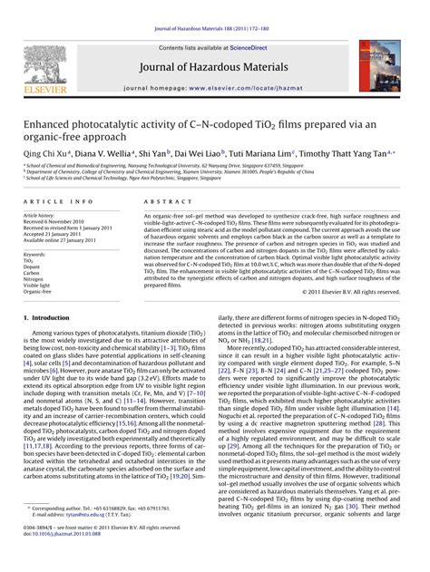 Pdf Enhanced Photocatalytic Activity Of C N Codoped Tio2 Films Prepared Via An Organic Free